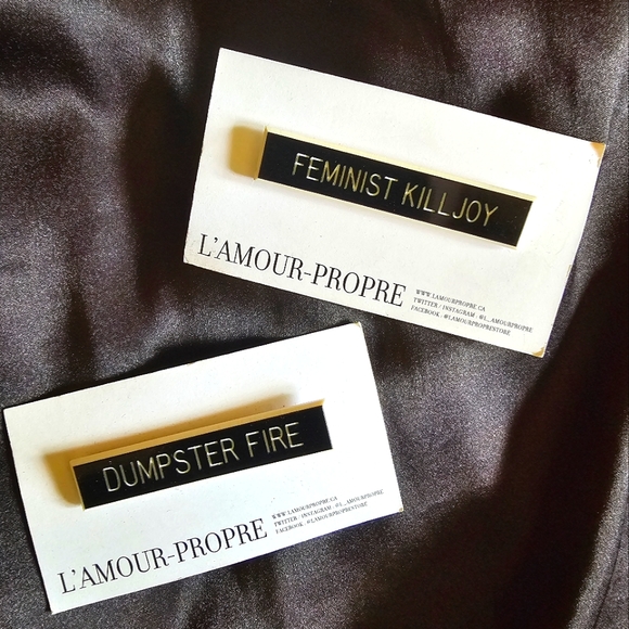 L'Amour Propre | Accessories | Feminist Killjoy And Dumpster Fire Name Tag Pins Funny Clever ...